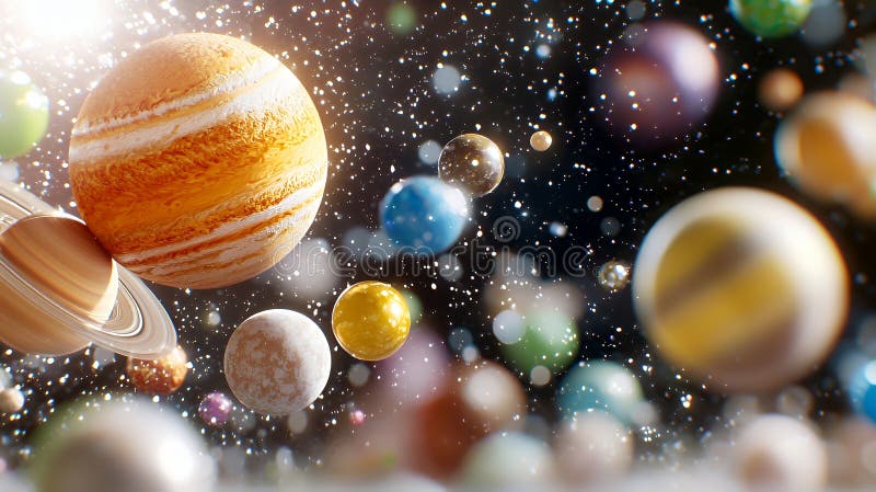 Planets in Space with Bright Starlight and Colorful Orbs Creating the ...