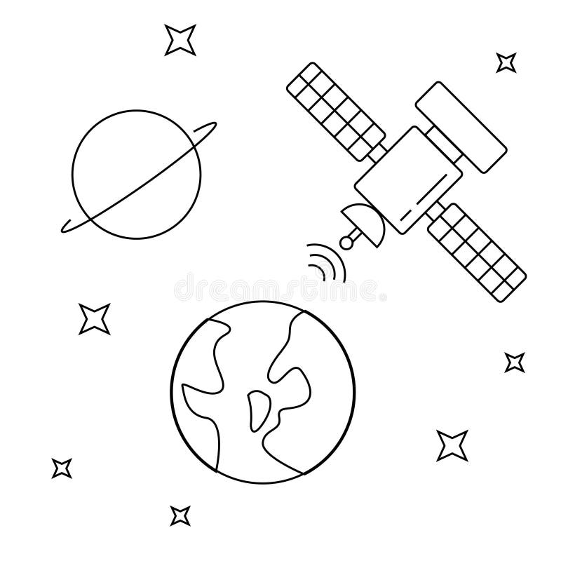 Planets Stars and Satellite Line Art Isolated on White Stock Vector ...