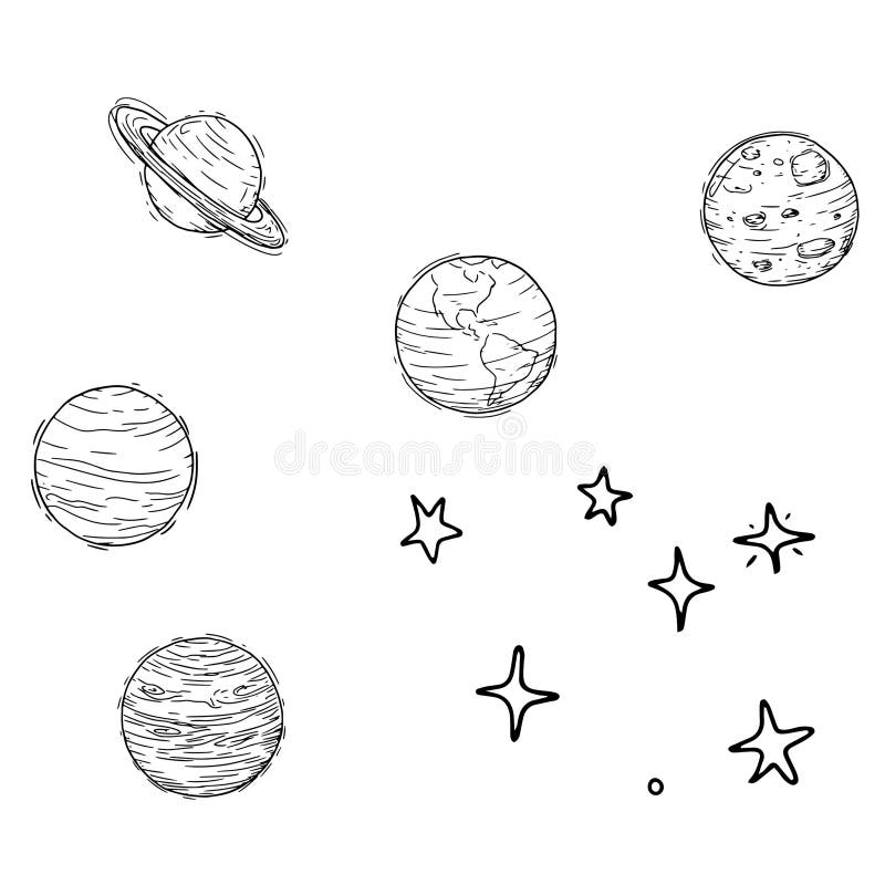 Planets and Stars, Set, Black and White Ink Sketch. Vector Illustration ...