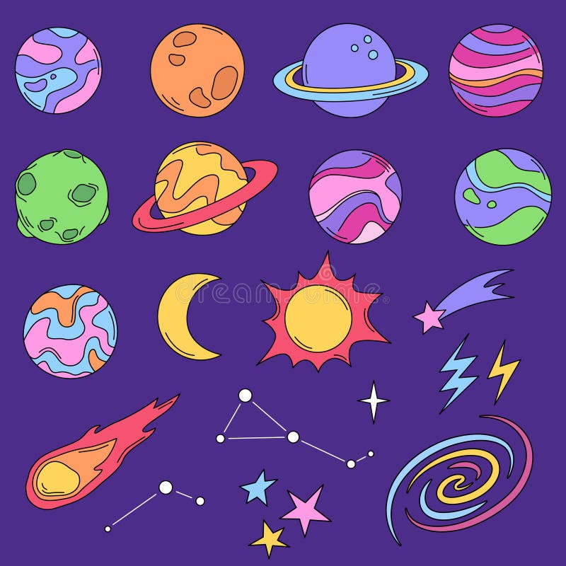 Planets, Stars and Space Objects, Cosmic Vector Illustrations Stock ...