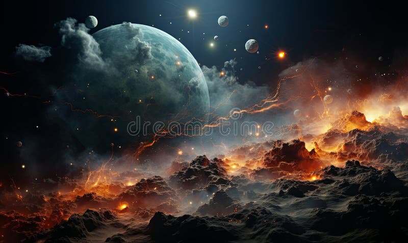 Planets and Stars in a Space Scene Stock Image - Image of matter ...