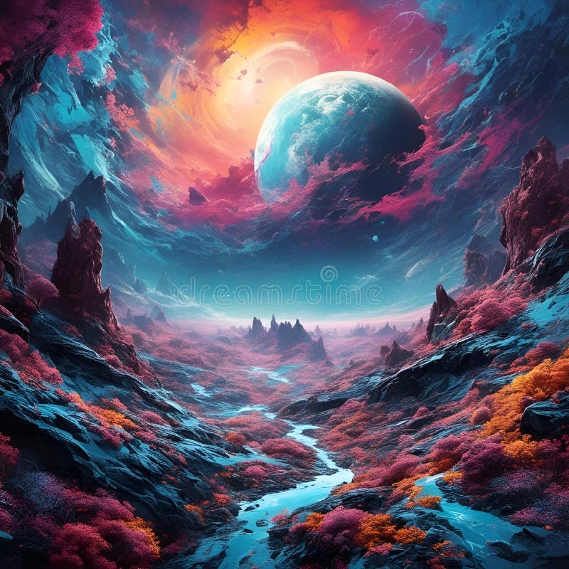 The Planetscape in the Sky with Pink Clouds Above it Stock Illustration ...