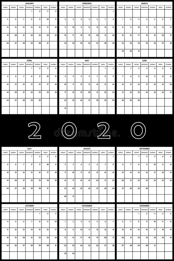2020 Planner Calendar Big Editable Space on BLACK Stock Vector ...