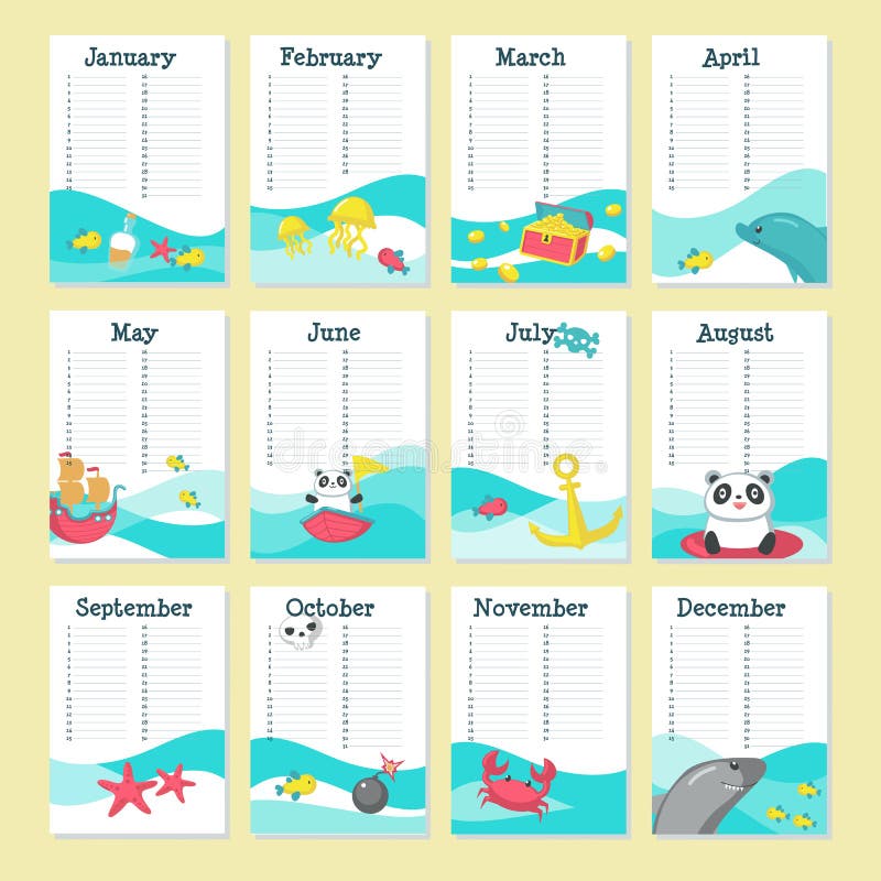 Planner Calendar Vector Template with Cute Animals Stock Vector ...