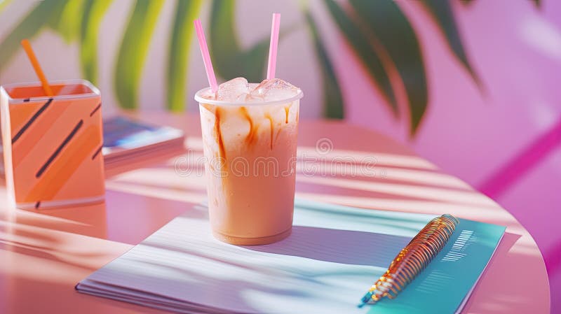 A Planner and a Cup of Iced Coffee Placed on a Summer-themed Desk in a ...