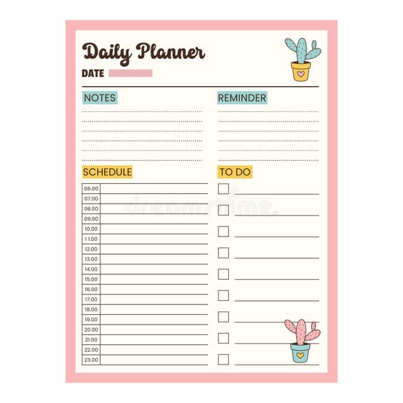 Daily Planner Page with Date, Reminder, Notes, To-do List, and Schedule ...