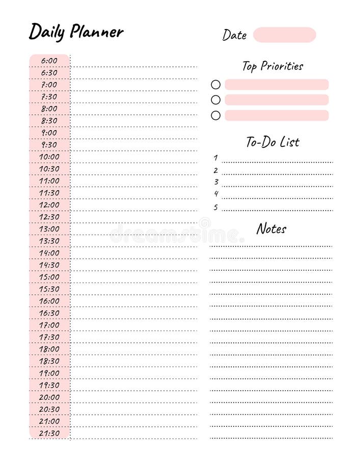 Daily Planner Printable Template Vector. Blank White Notebook Page ...
