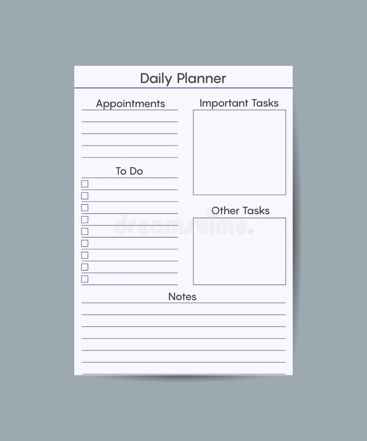 Daily Planner Printable Template Vector. Blank White Notebook Page ...