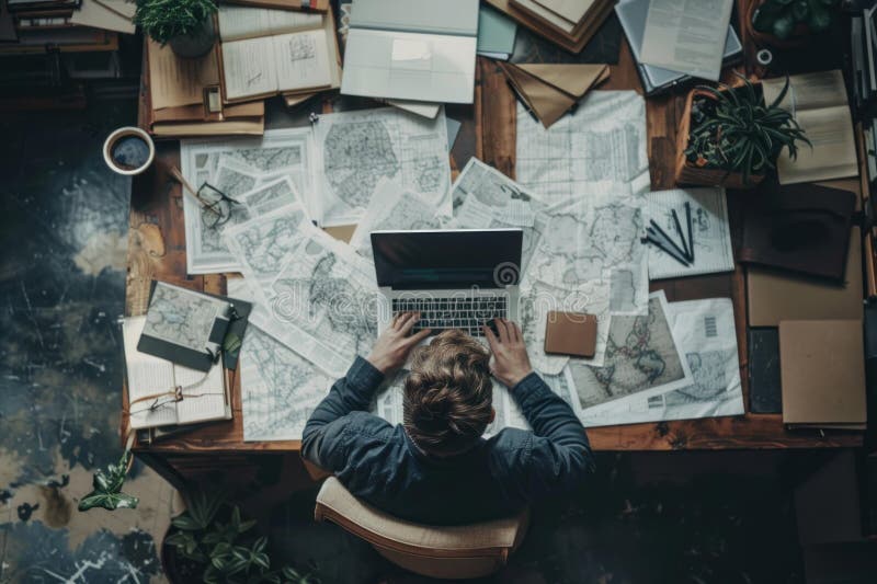 Planner Surrounded by Maps and Documents Stock Illustration ...