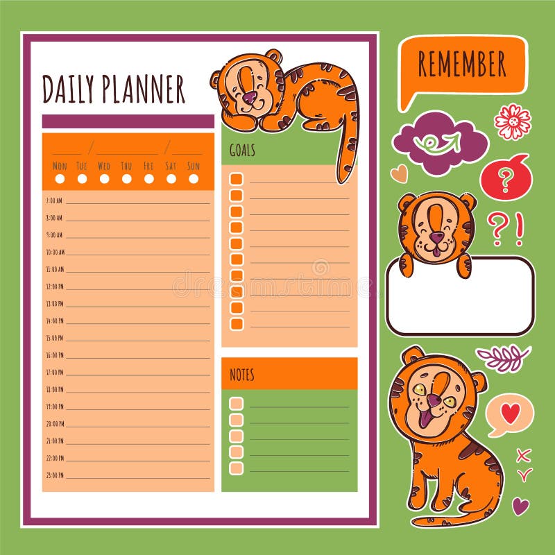 Daily PLANNER with TIGER Organizer Vector Illustration Set Stock Vector ...