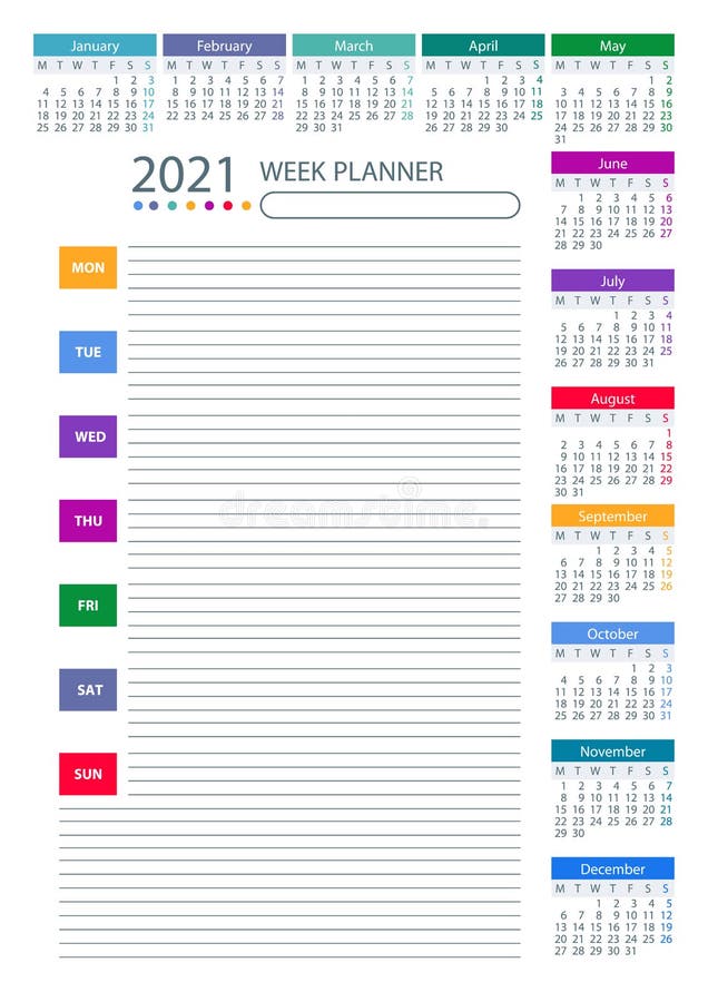 Planner 2021-weekkalender Week Begint Maandag Kleur Vector Illustratie ...