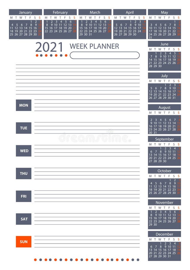 Planner 2021-weekkalender Week Begint Maandag Vector Illustratie ...