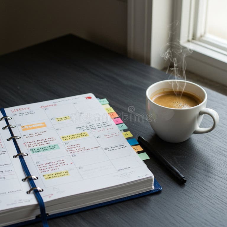 A Planner with a Weekly Schedule is Open on a Dark Wooden Table ...