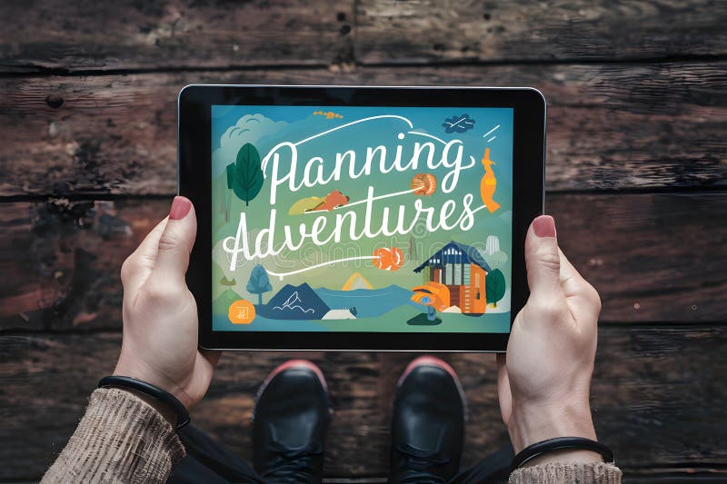 Planning Adventures Hands Hold Digital Tablet with Travel Application ...