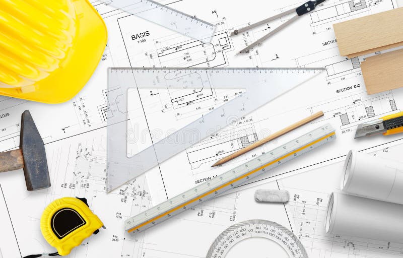 Drawing Construction Project. Tools and Equipment Arranged Around the ...