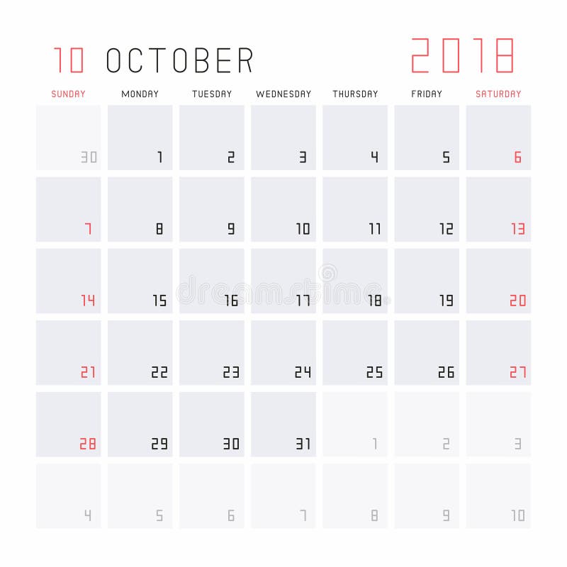 Calendar October 2018 stock vector. Illustration of number - 100097702