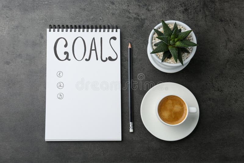 Planning Concept. Empty List of Goals in Notebook and Coffee on Grey ...