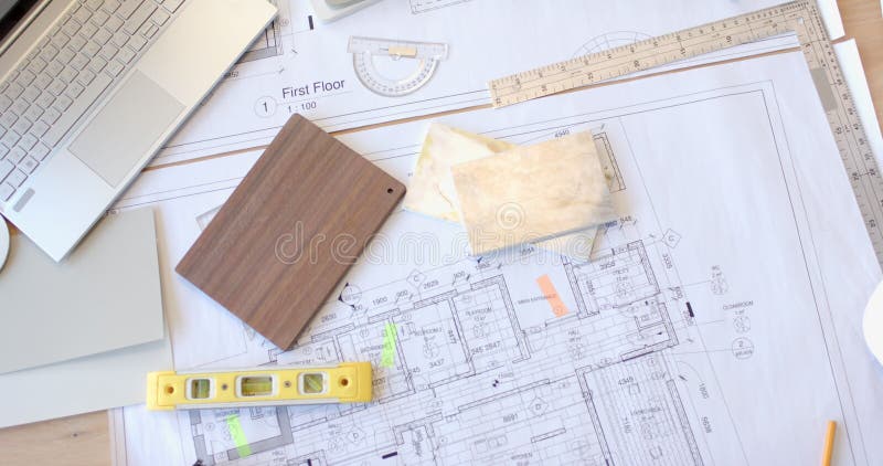 Planning Construction, Architectural Blueprints with Level, Ruler, and ...