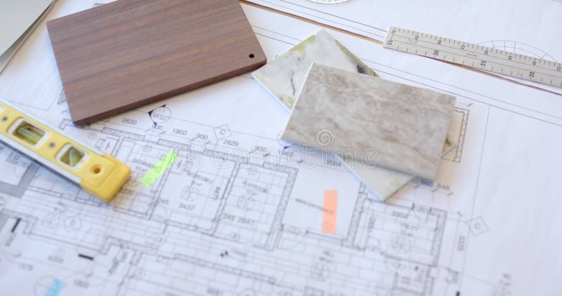 Planning Construction, Architectural Blueprints with Tile Samples and ...