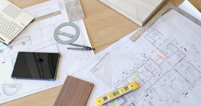 Planning Construction, Architectural Blueprints with Tile Samples and Measuring Tools on Desk ...