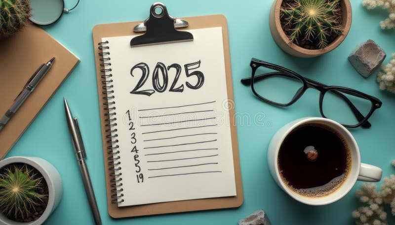 Planning for the Future a Notepad for 2025 with Coffee and Cacti Stock ...