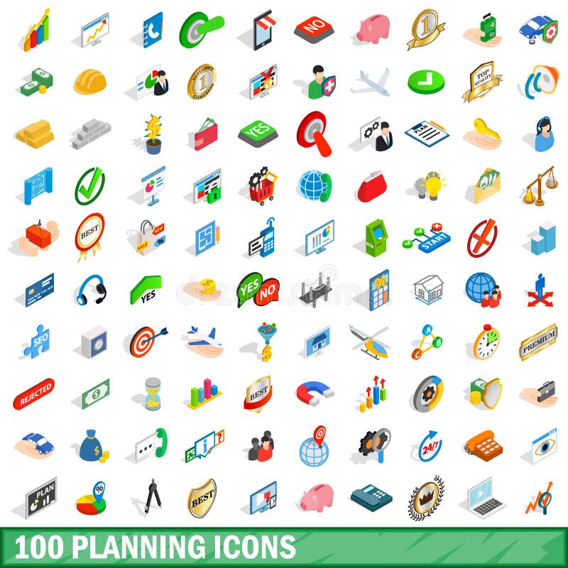 100 Planning Icons Set, Isometric 3d Style Stock Illustration ...