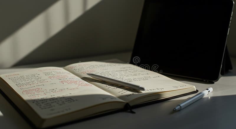 Planning Notes in Open Notebook with Pen and Tablet Computer Stock ...