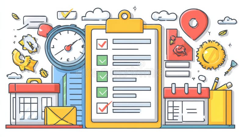 Planning and Organization Tools with Checklist, Clock, and Various ...