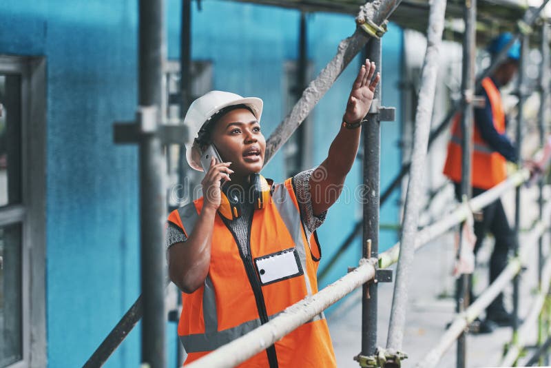 Planning, Phone Call and Black Woman on Construction Site for Building, Communication or ...