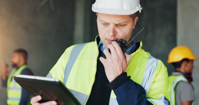 Planning, Radio and Tablet with Construction Worker Man on Site for ...