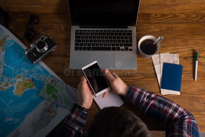 Planning Travel Map Tea Laptop Map on the Desk Stock Image - Image of ...
