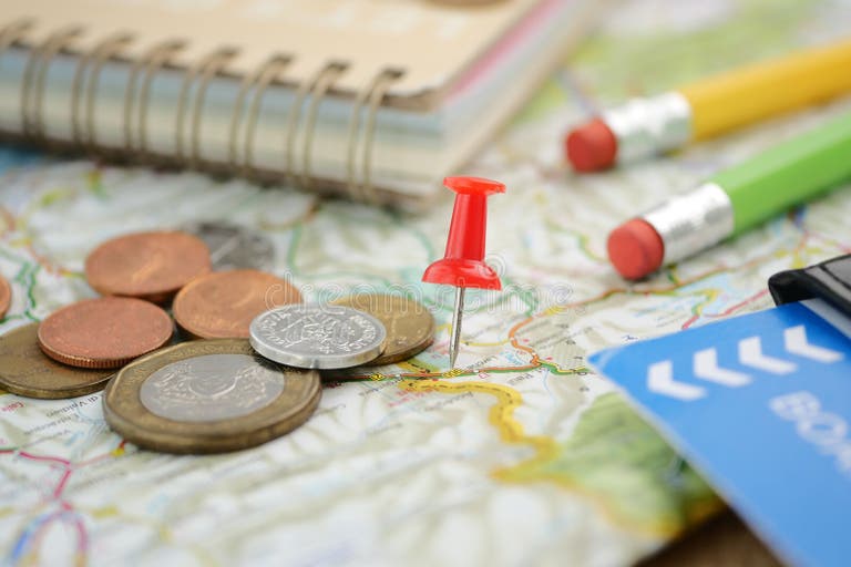 Planning a Trip with Coins, Map, and Stationery Tools Stock Image ...