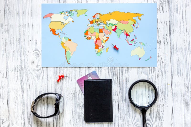 Planning Trip. World Map and Bank Card on Wooden Table Background Top ...