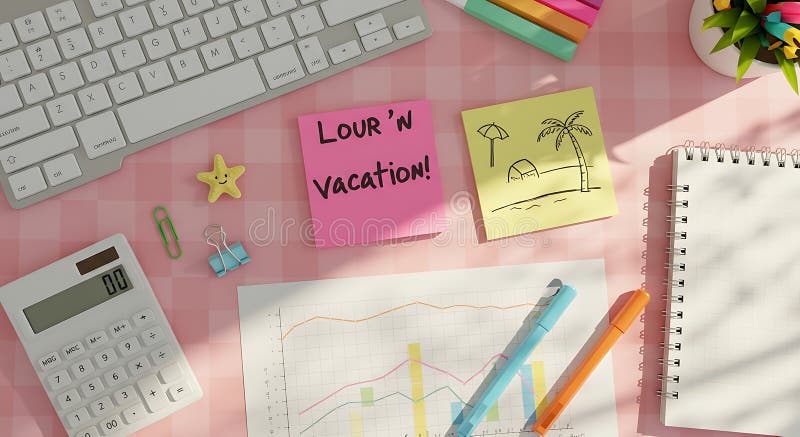 Planning a Vacation Flat Lay with Desk Accessories Stock Illustration ...