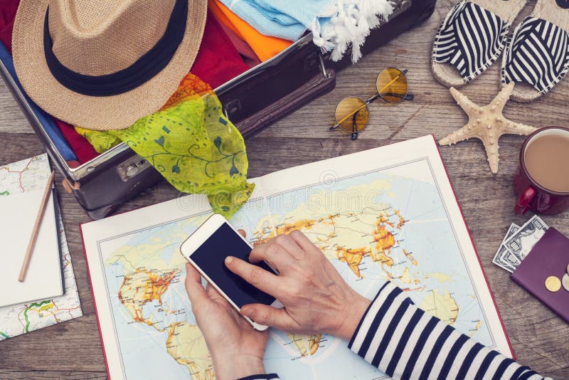 Planning vacation with map stock image. Image of shell - 72446923