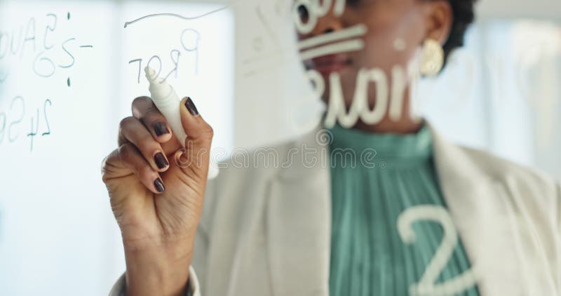 Planning, Writing and Woman with Ideas on Glass Wall for Numbers ...