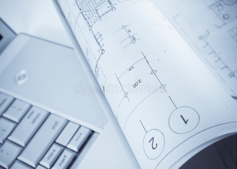 Plans and laptop stock image. Image of house, blueprint - 10876429