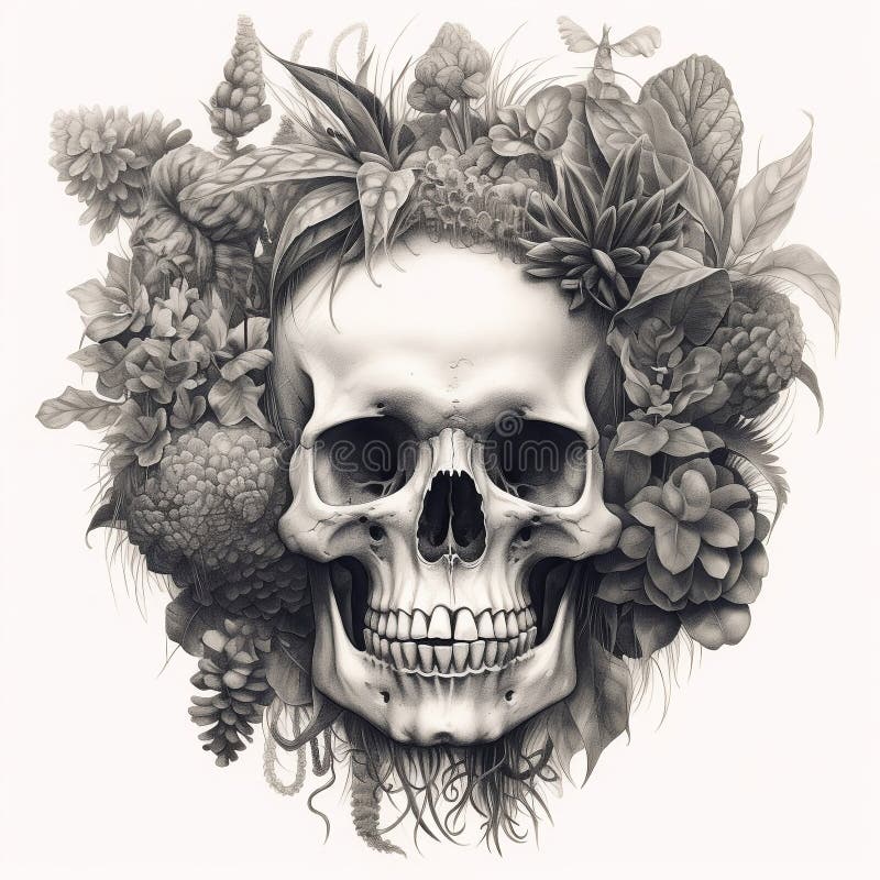 Plant-Adorned Skull Drawing. Generative AI Stock Illustration ...