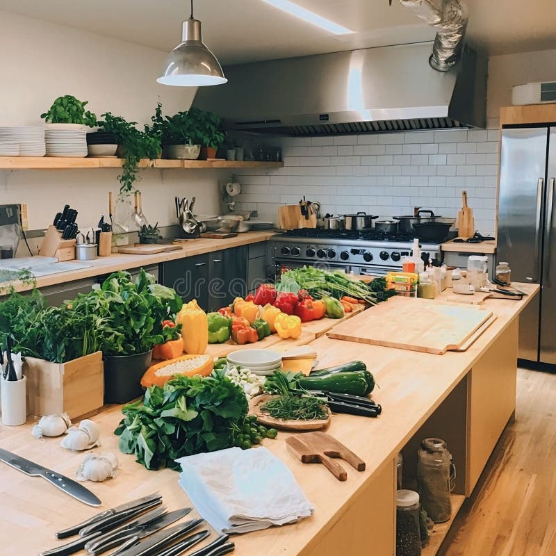 Plant-Based Culinary Workshop with Fresh Ingredients Stock Illustration ...