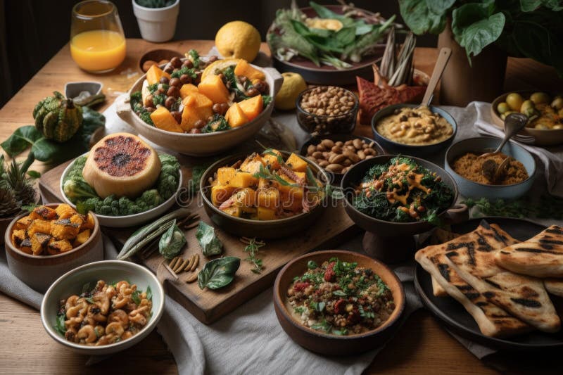 Plant-based Feast, Featuring Variety of Vegetable and Fruit Dishes ...