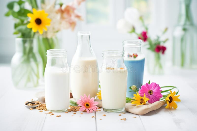 Plant-based Milk Alternatives in Reusable Glass Bottles Stock Photo ... Plant-based Milk Alternatives in Reusable Glass Bottles Stock Photo ...