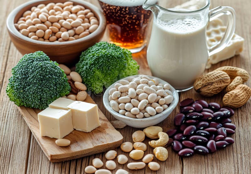 Plant-Based Protein Sources: Soy Milk, Beans, Nuts, and More Stock ...
