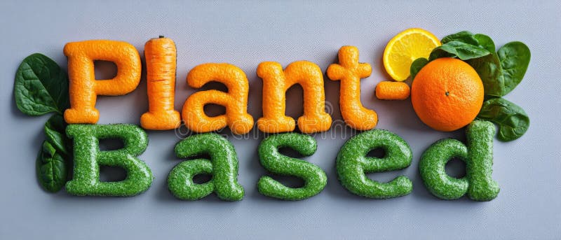 Plant Based Text Styled with Spinach, Oranges, and Leafy Greens on a ...