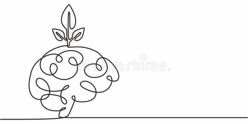 Plant on Brain Continuous Line. Mental Growth Vector. Green Thinking ...
