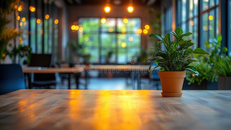 Plant on Desk, Modern Office, Sunset View, Workspace Stock Illustration ...