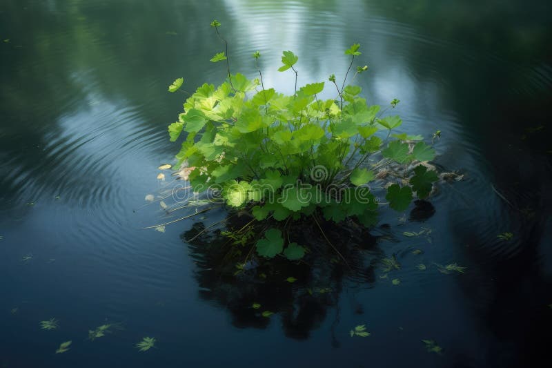 Plant with Explosion of Green Leaves Floating on Tranquil Pond Stock ...