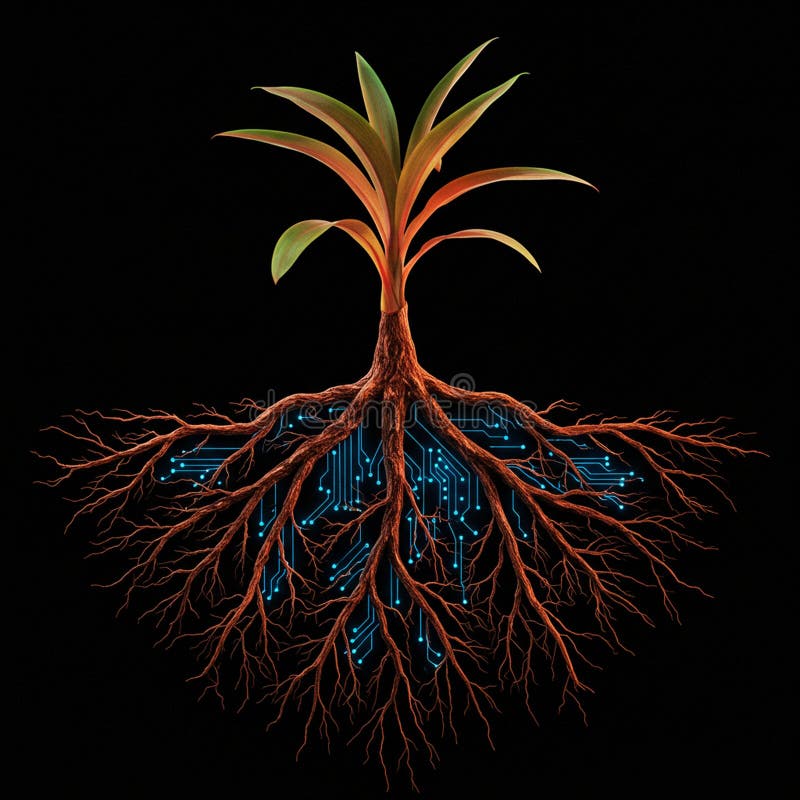 A Plant with Green Leaves Grows from a Complex Root System that Merges ...