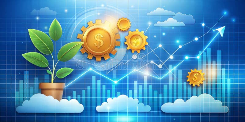 Plant Growing Cloud Layer with Blue Background Gears Graph Going Up ...