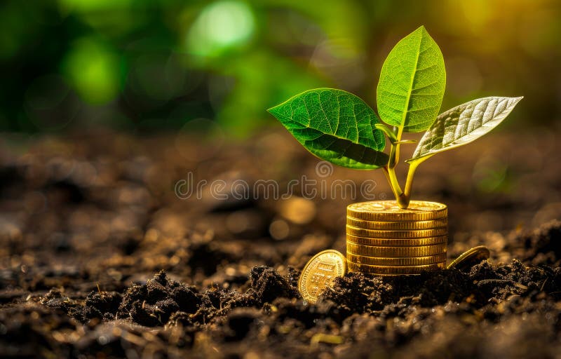 Plant Growing from Coins in the Soil. a Stack of Gold Coins with Green ...