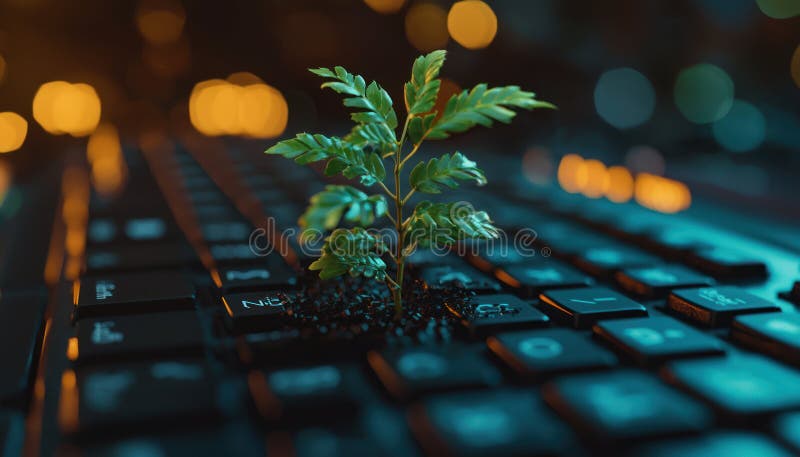 Plant Growing from Computer Keyboard Symbolizes Innovative Business ...